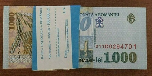 Romania 1,000 Lei P-106 1998 x 50 Pcs BUNDLE Lot UNC Romanian Money ...