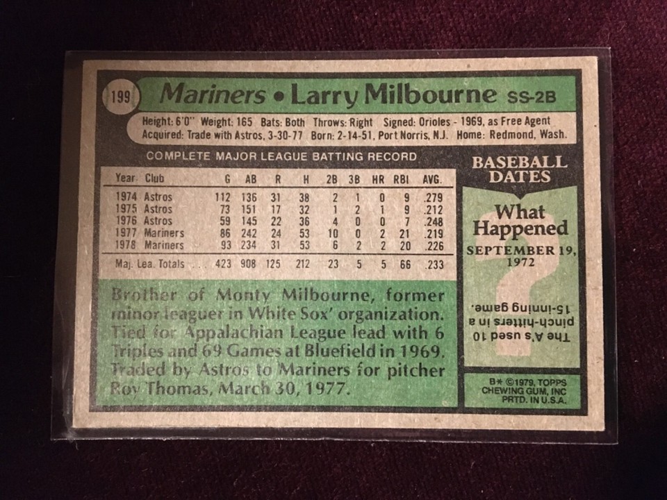 1979 Topps #199 Mariners Larry Milbourne Baseball Card | eBay