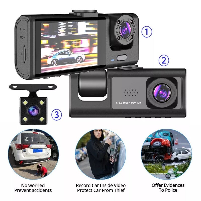 Car DVR Dash 1080P Cam Video Recorder G-Sensor 3 Lens Front/Rear/Inside ...