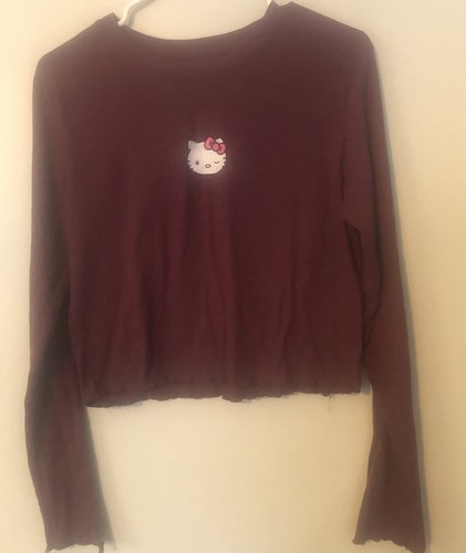 Hello Kitty Sanrio Long Sleeve Ribbed Henley Stretch Sz XL Maroon Crop ...
