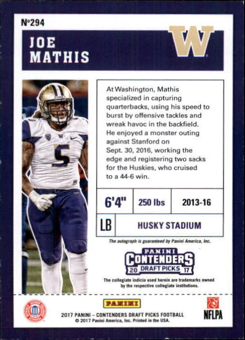 2017 Panini Contenders Draft Picks Football Card #294 Joe Mathis RC ...