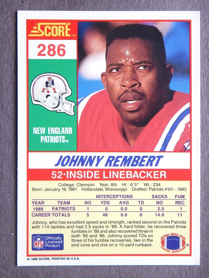 Johnny Rembert #286 Score 1990 Football Card (New England Patriots) VG ...