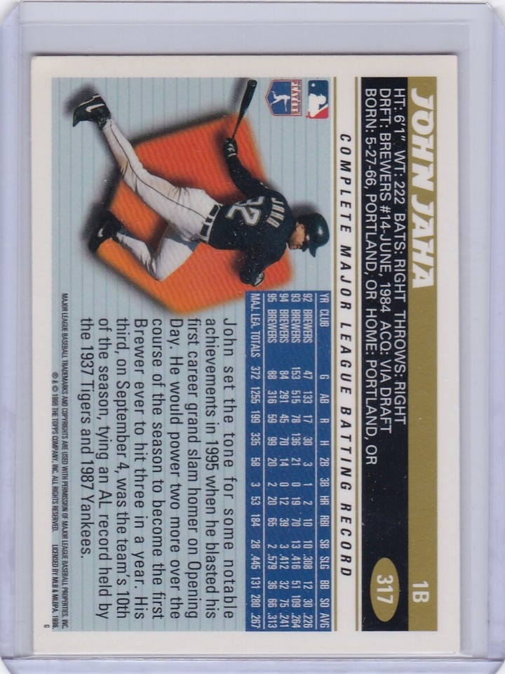 1996 Topps Baseball Card #317 John Jaha Autographed in Black Sharpie ...