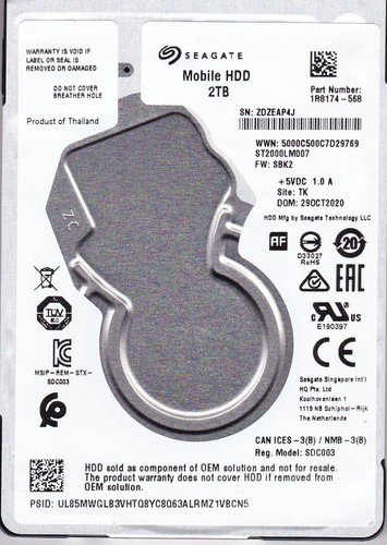 ST2000LM007 p/n: 1R8174-568 s/n: ZDZ f/w: SBK2 TK OCT/2020 2TB SATA 2.5 ...