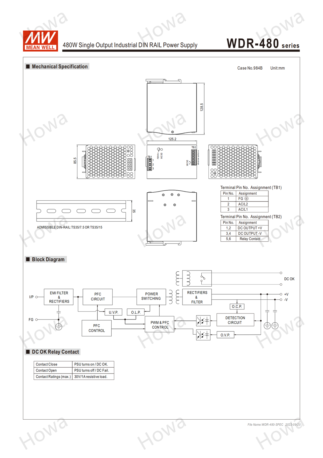 Mean Well WDR-480-24 Switching Power Supply 480W Rail Type 24V Voltage ...