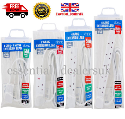 5M UK Extension Lead Cable 1 2 4 6 Gang Socket covers White Main Power ...