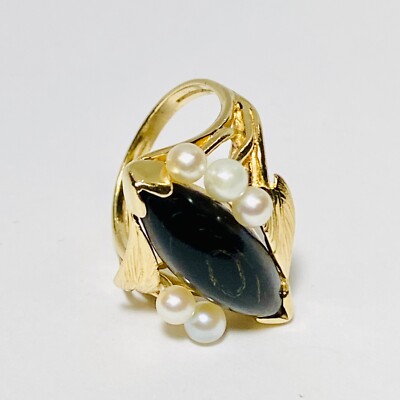 Vintage Maui Divers 14K Yellow Gold Black Coral Pearl Size 5.25 Ring 4 ...