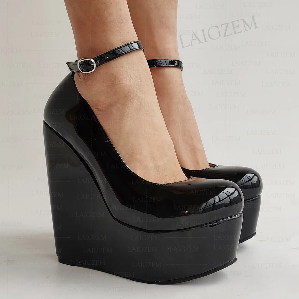 Women Platform Wedges High Heels Shiny Round Toe Ankle Strap Handmade ...