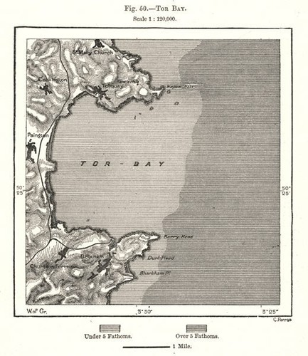 Torbay. Brixham Torquay Paignton Devon. Sketch map 1885 old antique ...