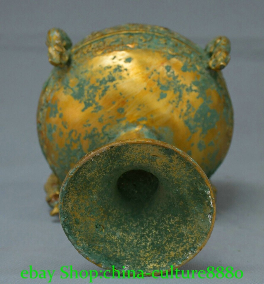 7'' Old War Han Dynasty Bronze Ware Gilt Inscription 4 Beast Container ...