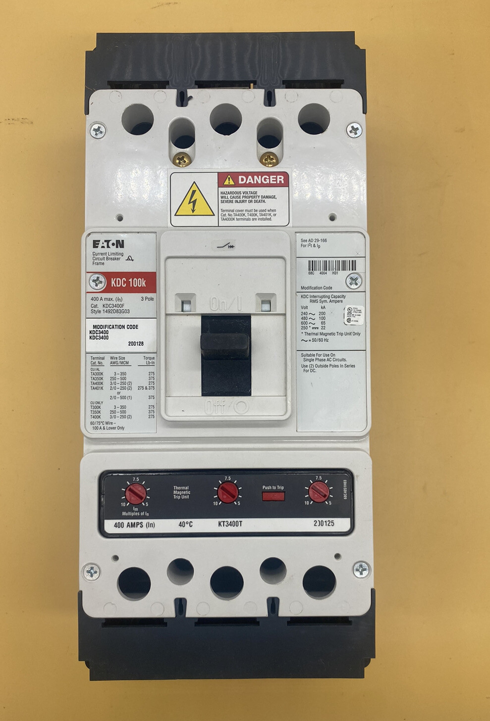 Cutler-Hammer KDC3400F 3 Pole 400 Amp KDC Circuit Breaker for sale ...