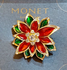 New Monet Poinsettia Flower Brooch Pin Christmas Gold Tone Enamel ...
