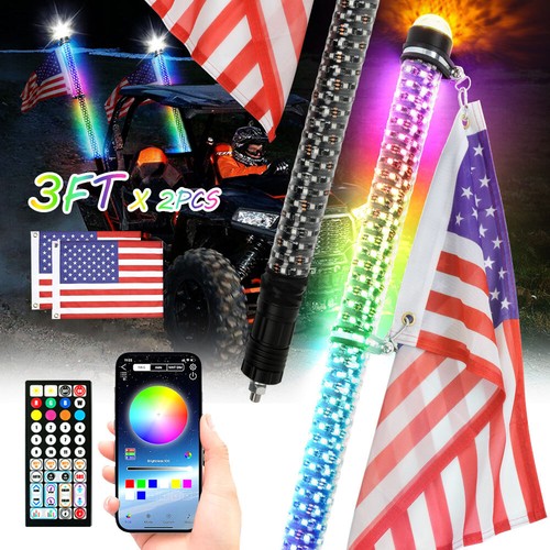 Pair 3FT Fat Spiral RGB LED Lighted Whip Lights + Warning Light For ATV ...