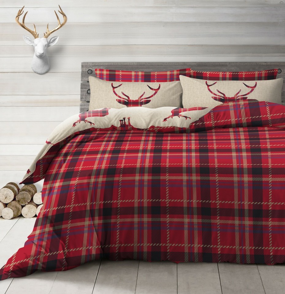 Stag Red Grey Ochre Navy Tartan Check Reversible Duvet Quilt Cover ...
