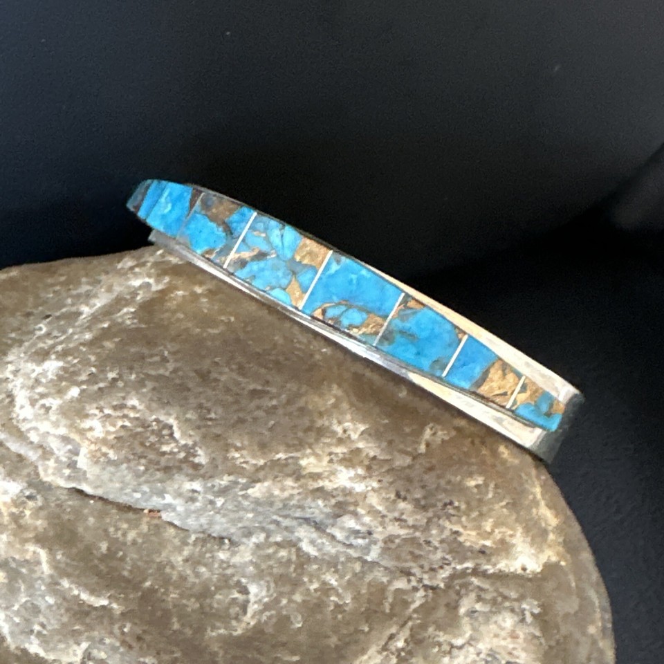 Navajo Mens Blue Mojave Turquoise Inlay Bracelet Sterling Silver 15065 ...