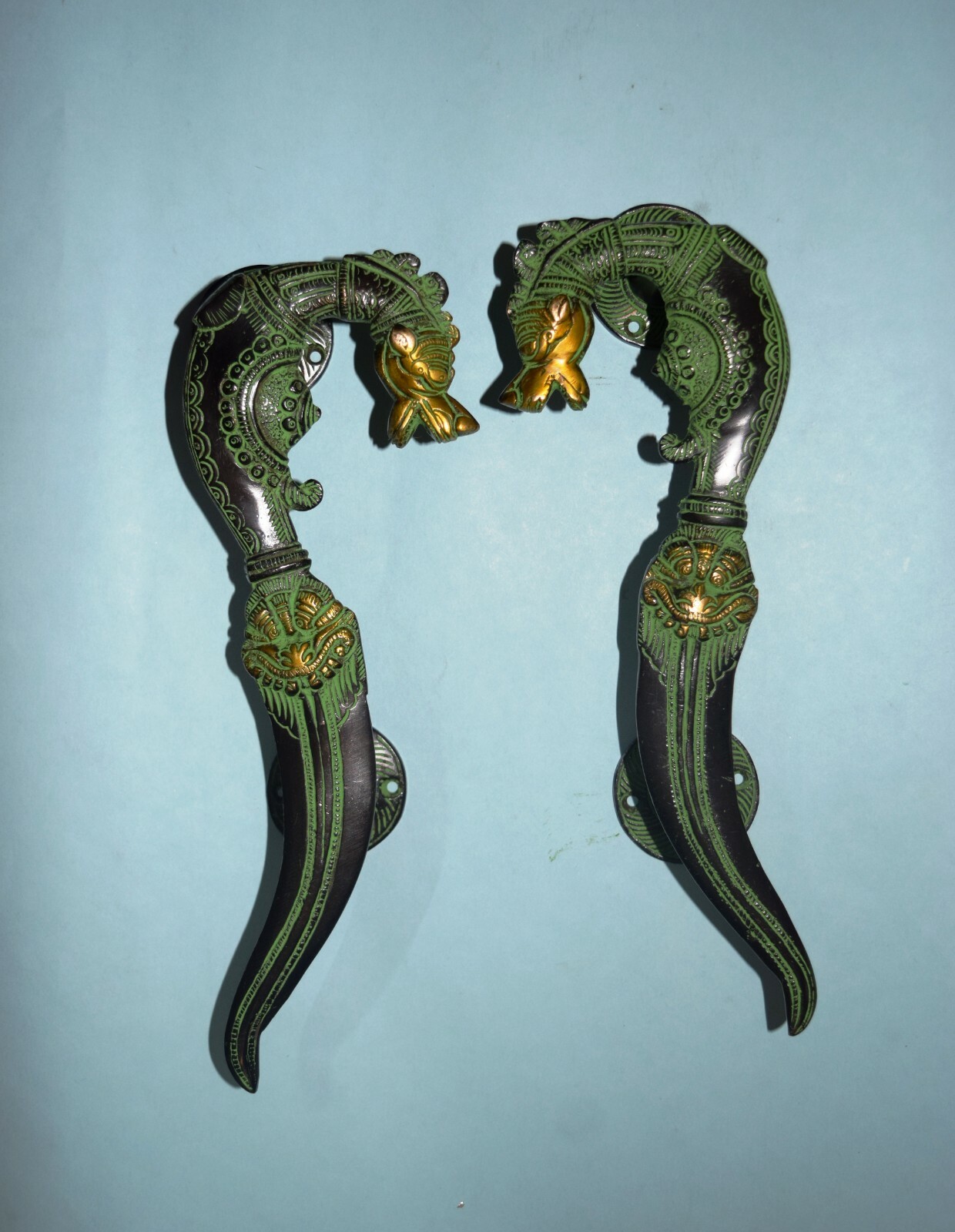 Brass Thunder Dragon Shape Handle Set Handmade Engraved Yali Face Door ...