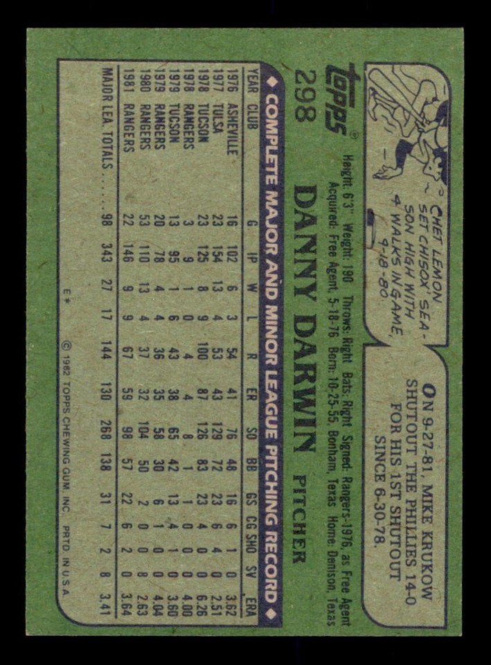 1982 Topps Baseball #298 Danny Darwin Signed Autograph (No COA) | eBay