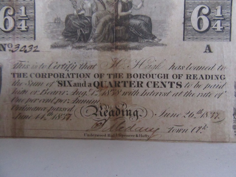 1837 Corporation of the Borough of Reading 6 1/4 Cents Fractional Bank ...