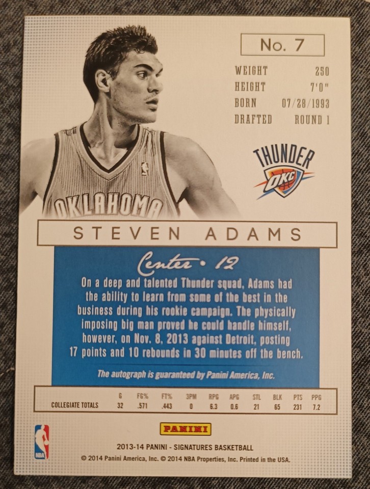 2013-14 Panini Signatures Steven Adams Rookie RC Auto /199 | eBay
