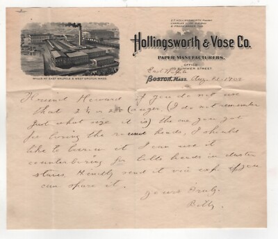 1902 HOLLLINGSWORTH VOSE CO LETTERHEAD PAPER MFG SUMMER ST EAST WALPOLE ...