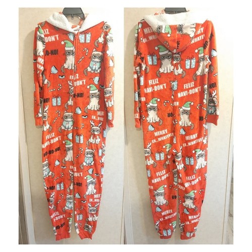 Grumpy Cat Hooded One Piece Zip Fleece Pajamas Adult M (8-10) Red ...