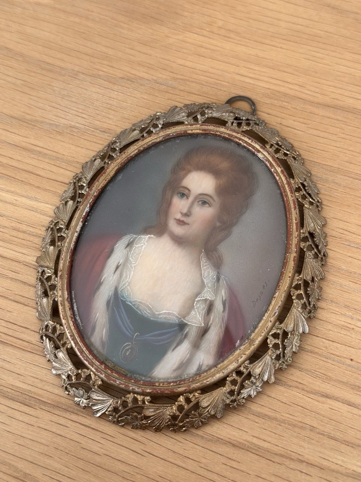 Antique 1800s original hand painted miniature Victorian lady ornate ...