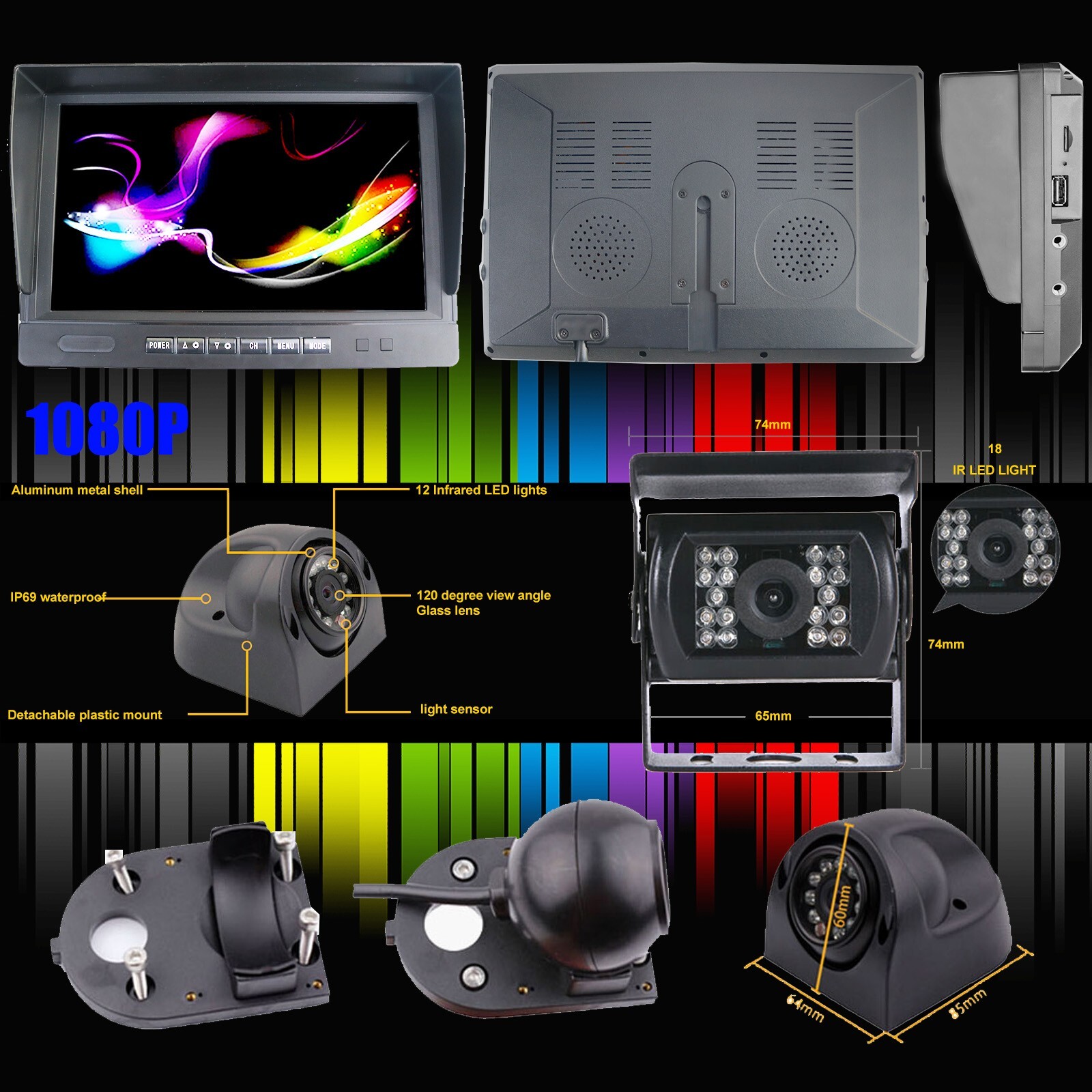 9" Quad Monitor 4x 1080P 4 PIN AHD Front/Sides/Rear View Cameras 32GB ...