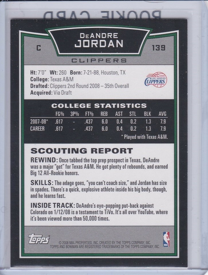 DeANDRE JORDAN ROOKIE CARD 2008 Bowman Basketball NBA RC Los Angeles ...