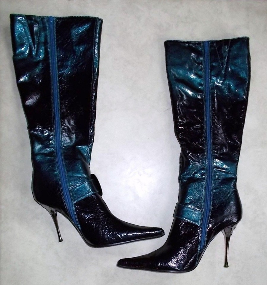 VINTAGE GO MAX FAUX SNAKESKIN BLUE 4" STILETTO KNEE HIGH ZIP UP BOOTS ...