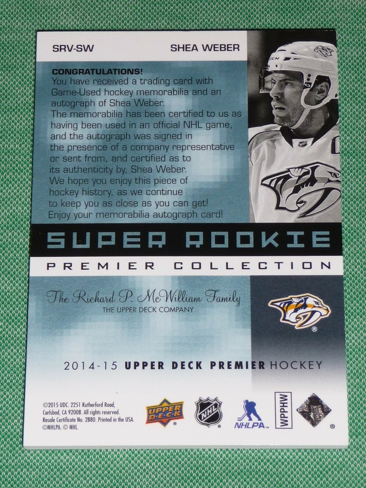 2014-15 UD Premier SHEA WEBER 3/25 Auto 2CLR Patch Super Rookie "02-03 ...