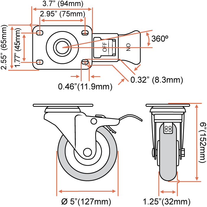 Caster Wheels Swivel Plate Red Polyurethane Lbs 5" W/ Brake | eBay