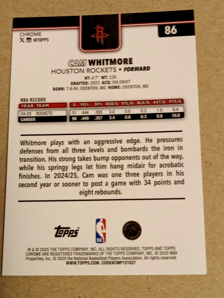 2025-26 Topps Chrome #86 yellow refractor Cam Whitmore #011/275 SP | eBay
