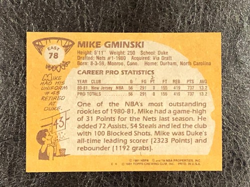 1981-82 Topps Basketball Mike Gminski #78 NM-MT Rookie RC New Jersey ...
