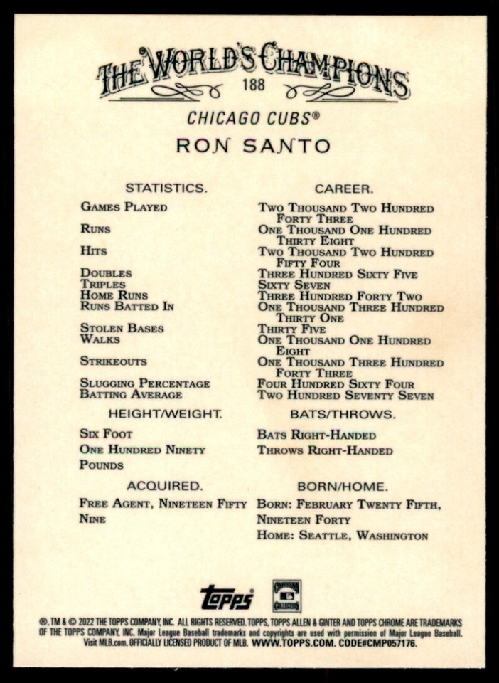 Ron Santo 2022 Topps Allen & Ginter Chrome Retired Card RC #188 Chicago ...