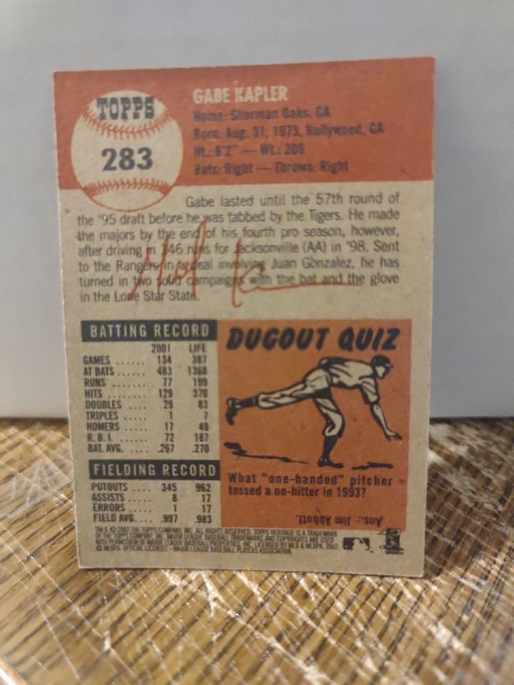 Gabe Kapler Autographed 2002 Topps Heritage Signed Baseball Card #283 ...