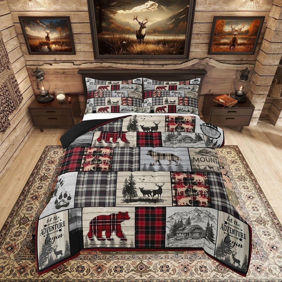 Rustic Cabin Comforter Set Queen Woodland Wolf Deer Bear Comforter for ...