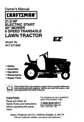 Owner’s Manual Sears Craftsman 21.0 HP Lawn Tractor 42” Mower- Model ...