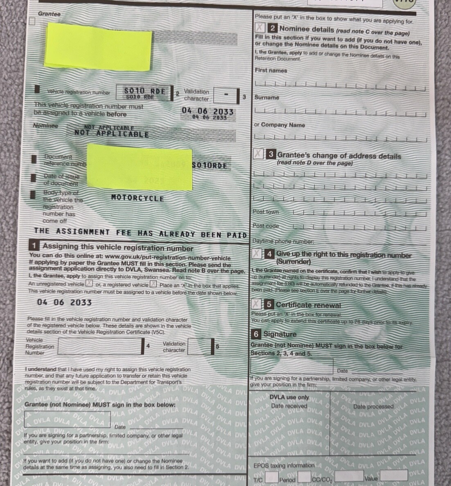 SO10 RDE Cherished Registration SOLO RIDE So Low Retention Certificate ...