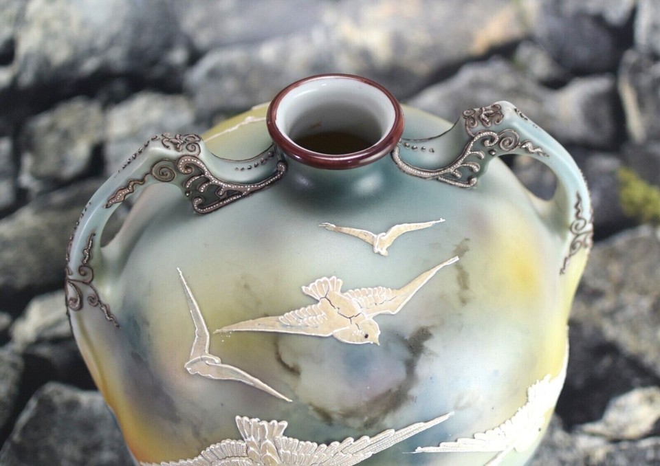 Antique Nippon Vase Moriage Raised Enamel Porcelain Seagulls Motif ...
