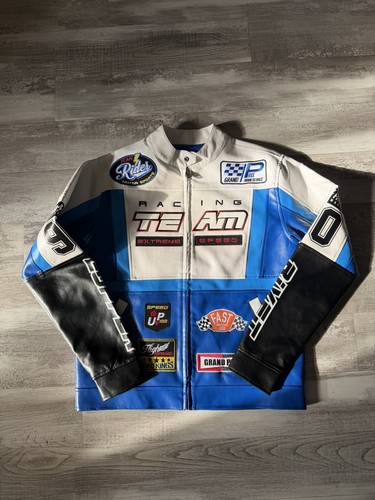 Copper Rivet Men's Blue Multicolor Moto Racing PU Leather Jacket Size ...