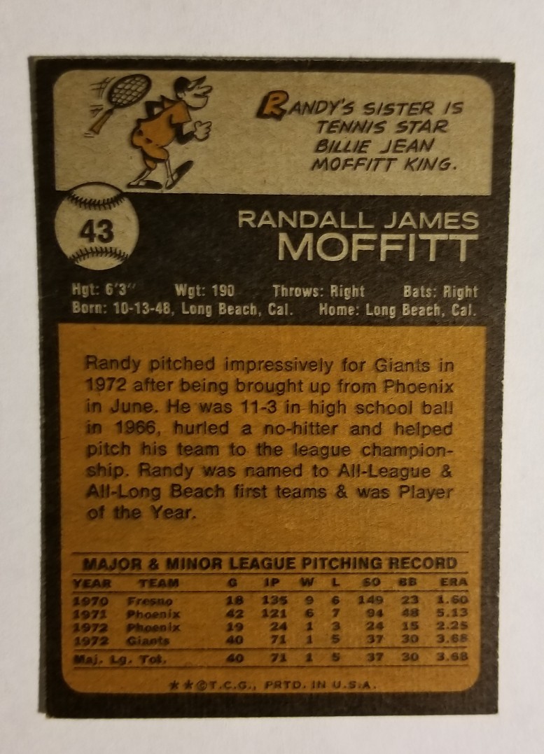 1973 TOPPS BASEBALL CARD EXCELLENT #43 RANDY MOFFITT SAN FRANCISCO ...