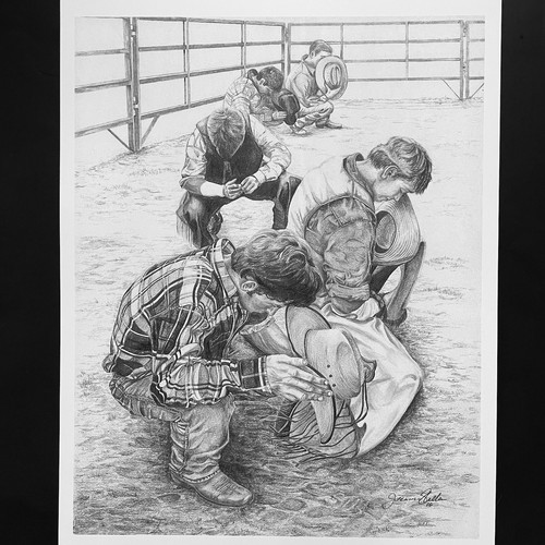 Praying Rodeo Bull Riders Rough Stock Cowboys Pencil Drawing Art Print ...