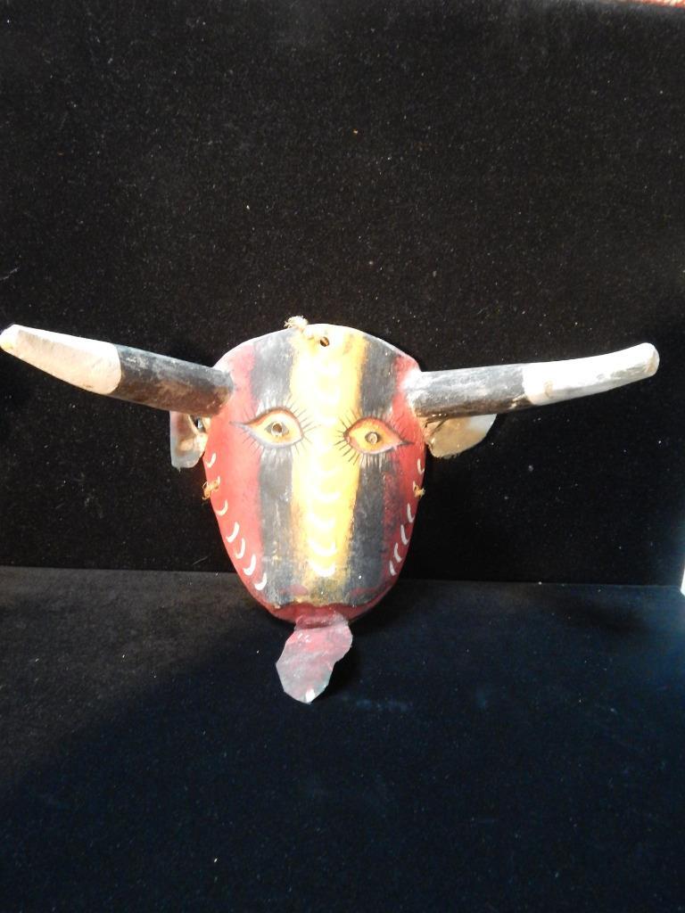 VINTAGE MEXICAN HORNED COW / BULL DANCE MASK CARVED WOOD MEXICO LEATHER ...