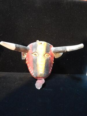 VINTAGE MEXICAN HORNED COW / BULL DANCE MASK CARVED WOOD MEXICO LEATHER ...