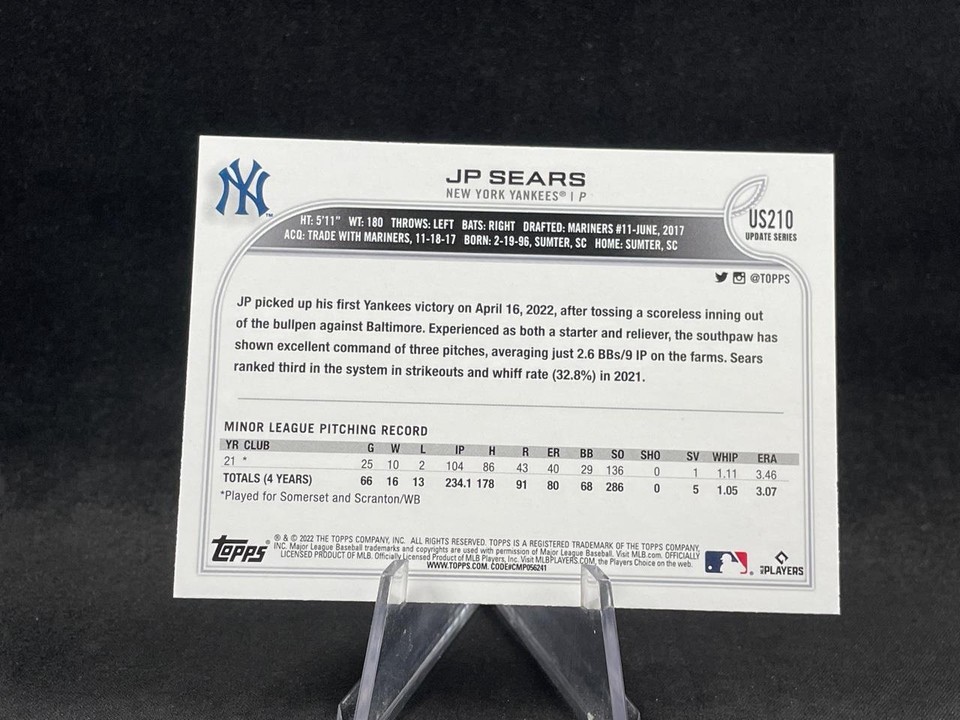 2022 TOPPS UPDATE SERIES JP SEARS US210 ROOKIE ROYAL BLUE PARALLEL SP ...