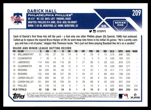 Darick Hall RC 2023 Topps #209 Philadelphia Phillies 33103 Baseball ...