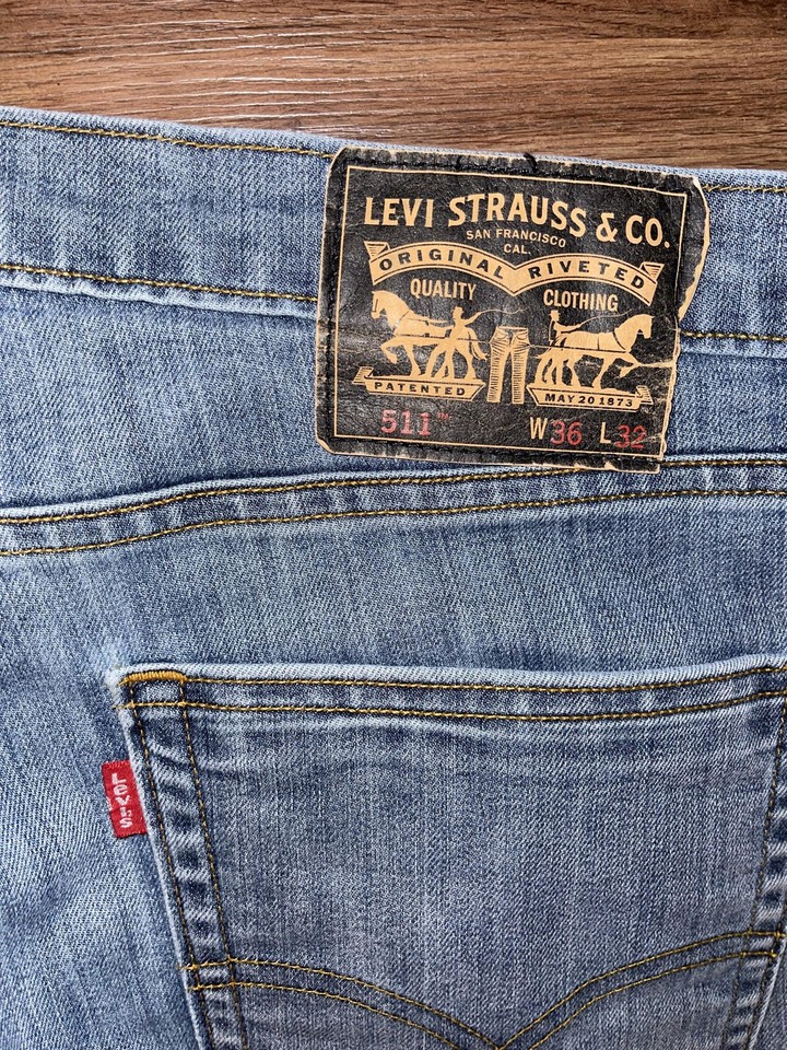 Levis 511 Slim Fit Jeans Mens 36x32 Light Wash Blue Denim Pocket Zip ...