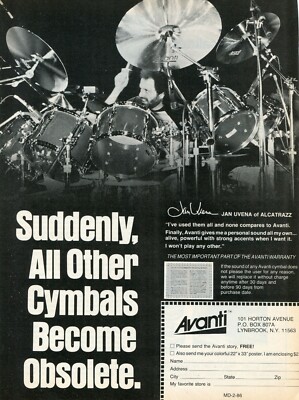1986 Print Ad of Avanti Drum Cymbals with Jan Uvena of Alcatrazz | eBay