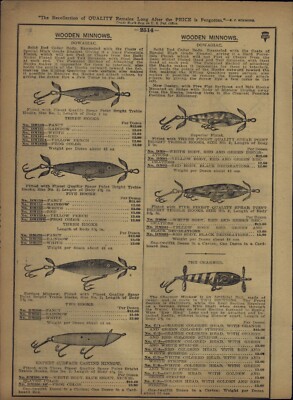 1913 PAPER AD Dowagiac Wooden Fishing Minnows Charmer Fancy Rainbow ...