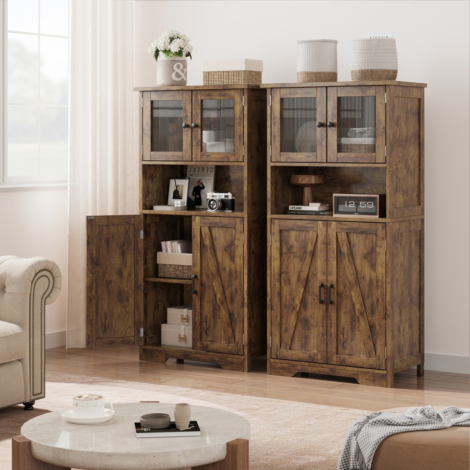 Storage Cabinet with Glass Doors & Adjustable Shelves, Kitchen Pantry ...